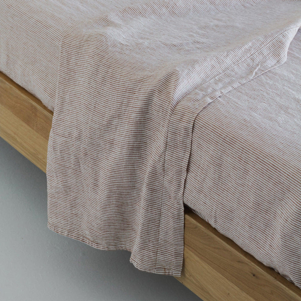European Linen Flat Sheet | Terracotta Stripe | A&C Homestore