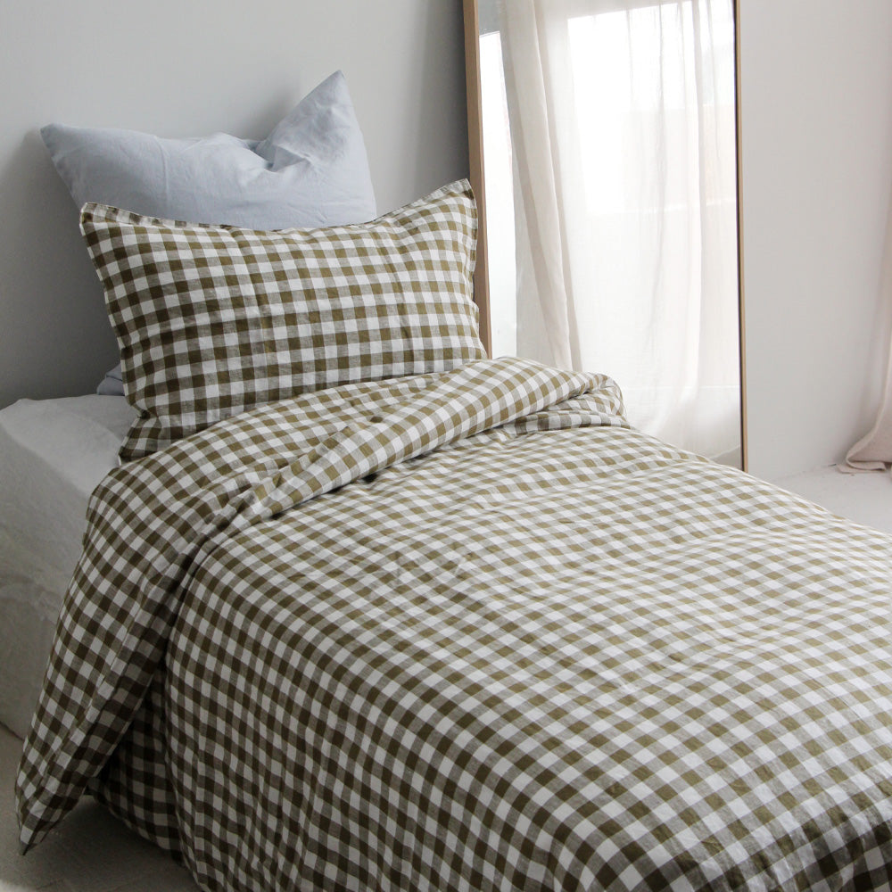 A&C European Linen Duvet Set - Olive Gingham, King Single – A&C Homestore