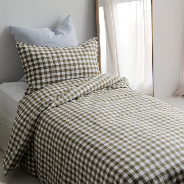 A&C European Linen Duvet Set - Olive Gingham, King Single – A&C Homestore